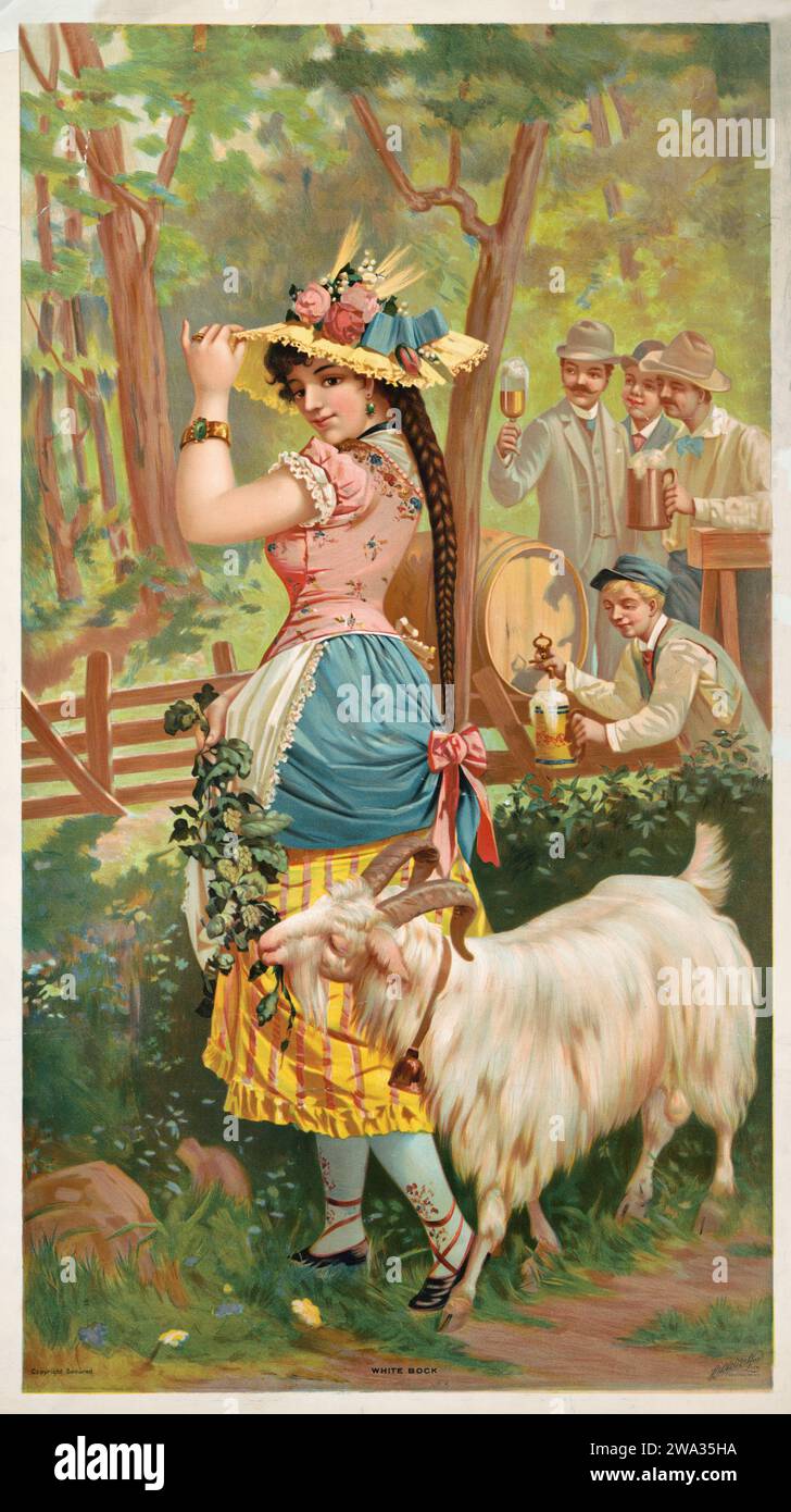 Bock Beer advertisement. A goat and a woman, a barrel with beer in the ...