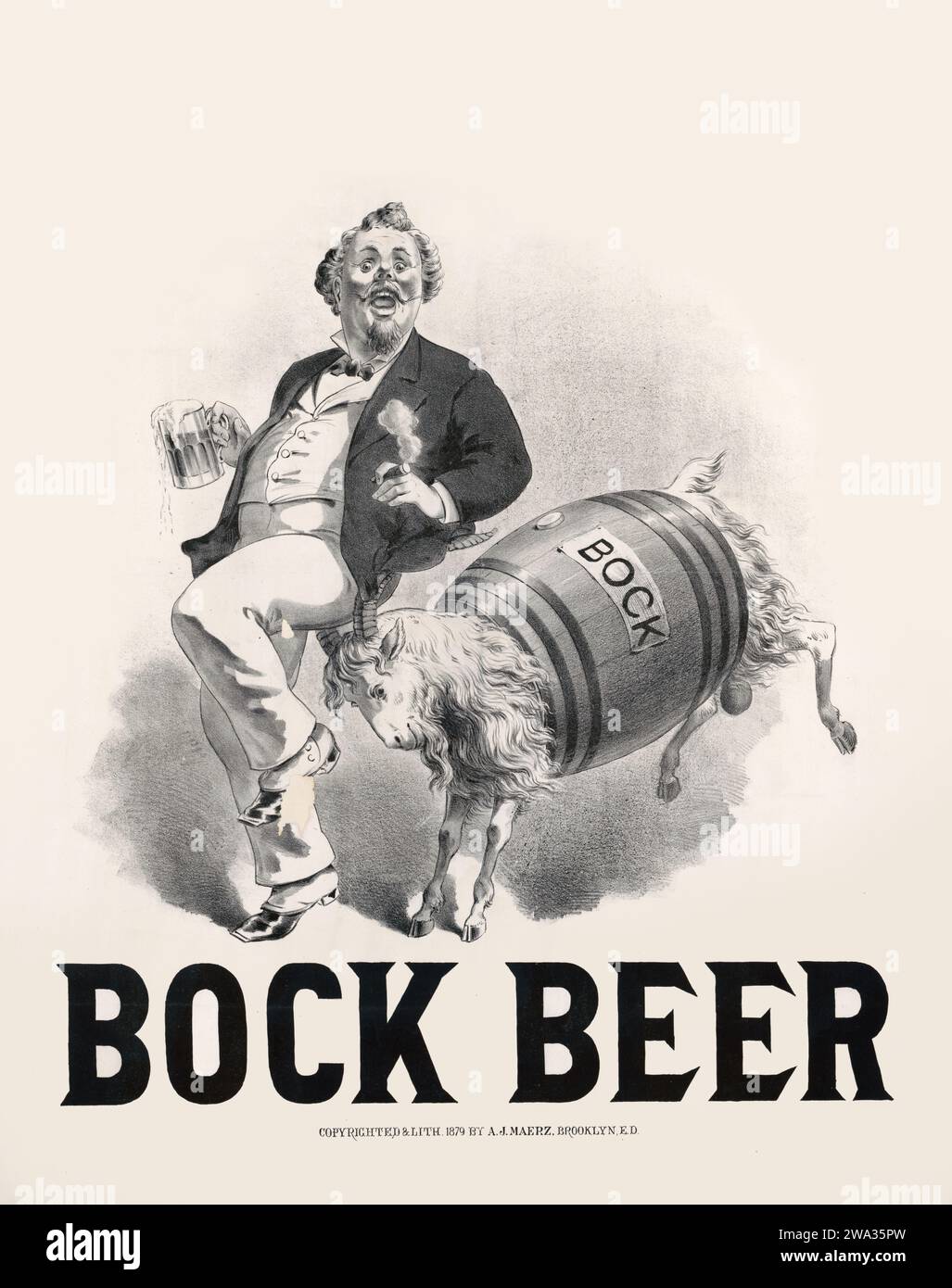 Bock Beer advertising poster - Goat, wearing a barrel marked 'Bock ...