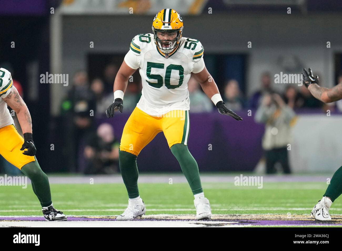 Green Bay Packers guard Zach Tom (50) blocks during the first half of ...