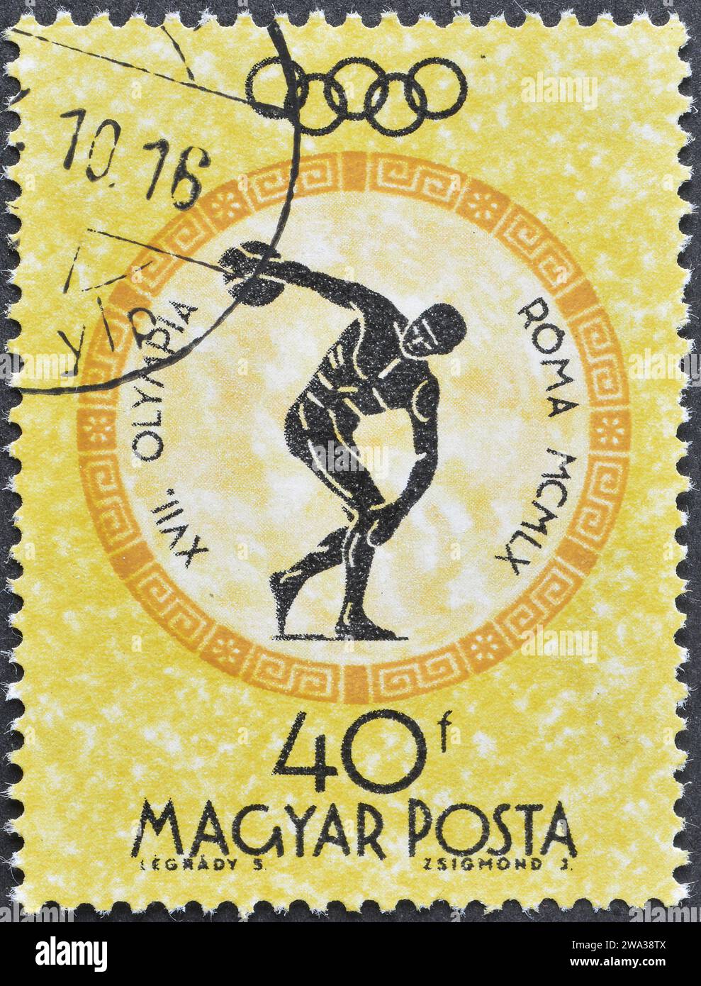 Cancelled postage stamp printed by Hungary, that shows Discus throwing ...
