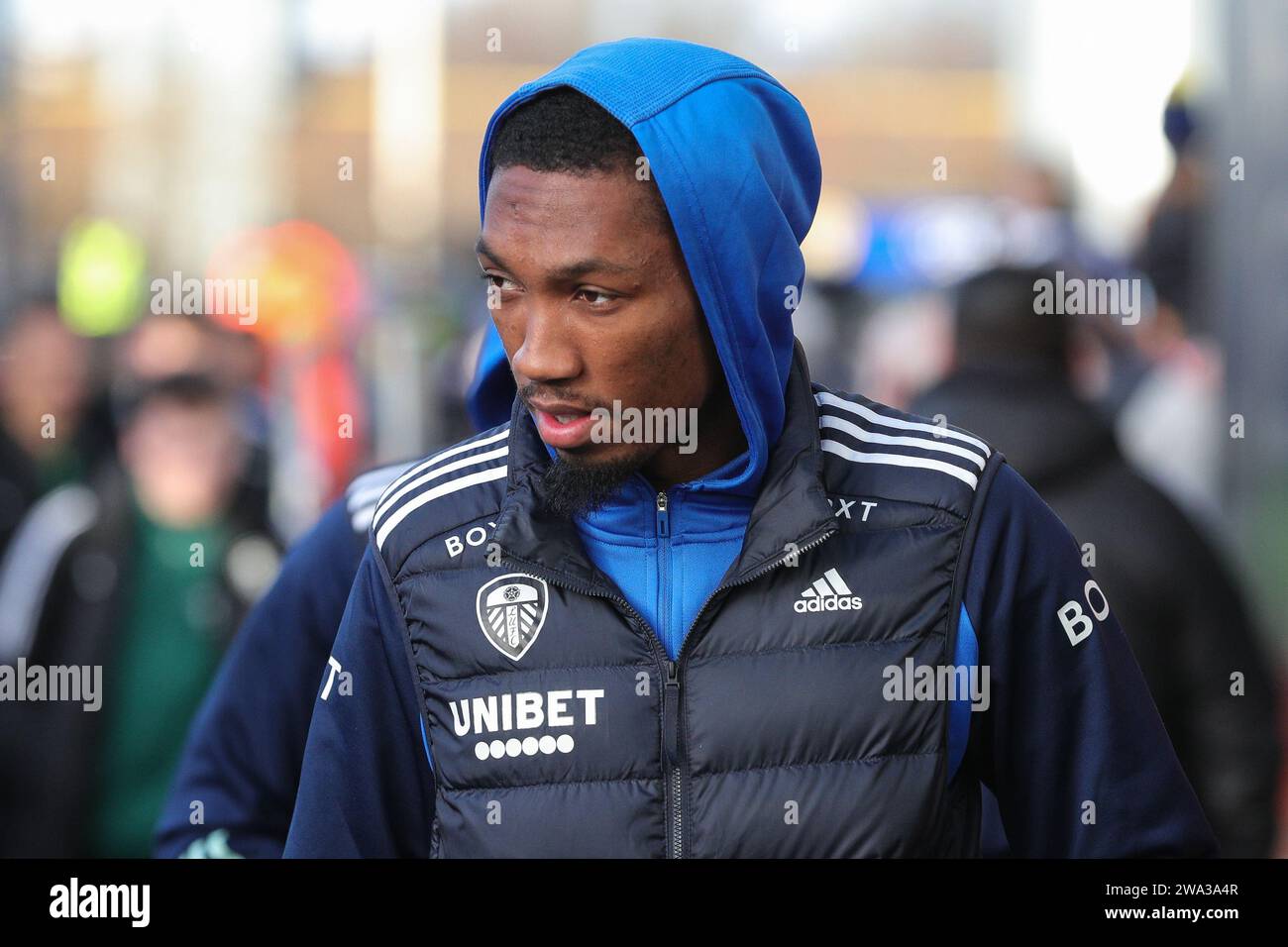 Leeds, UK. 01st Jan, 2024. Jaidon Anthony of Leeds United arrives at ...