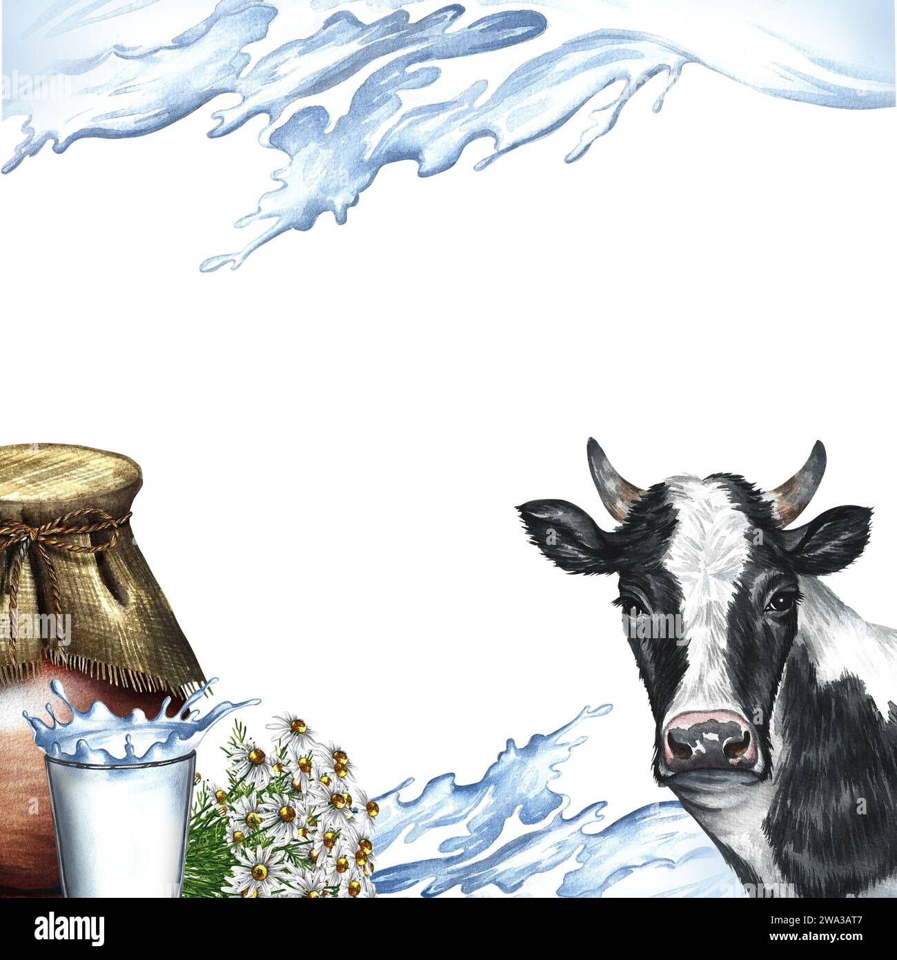 A frame with a cow and dairy products and a splash of milk. A hand ...