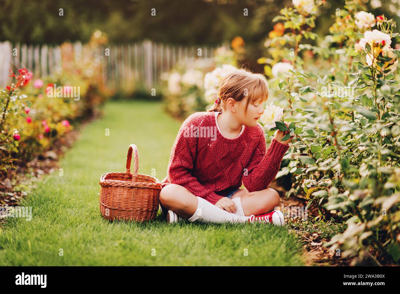 Little girl playing in beautiful rose garden, sitting on the fresh ...