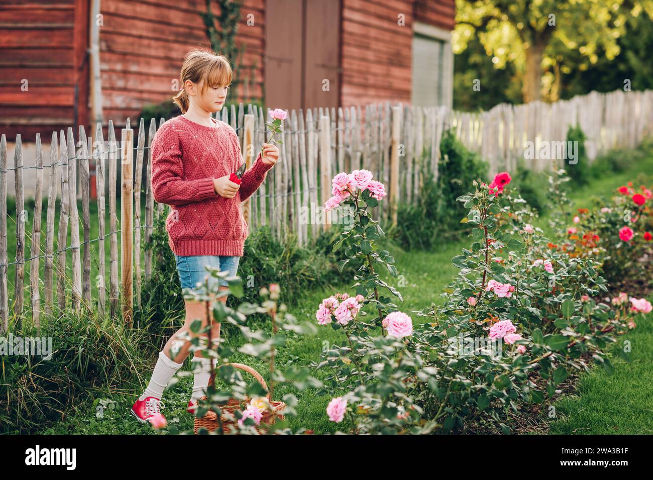 Little girl playing in beautiful rose garden Stock Photo - Alamy