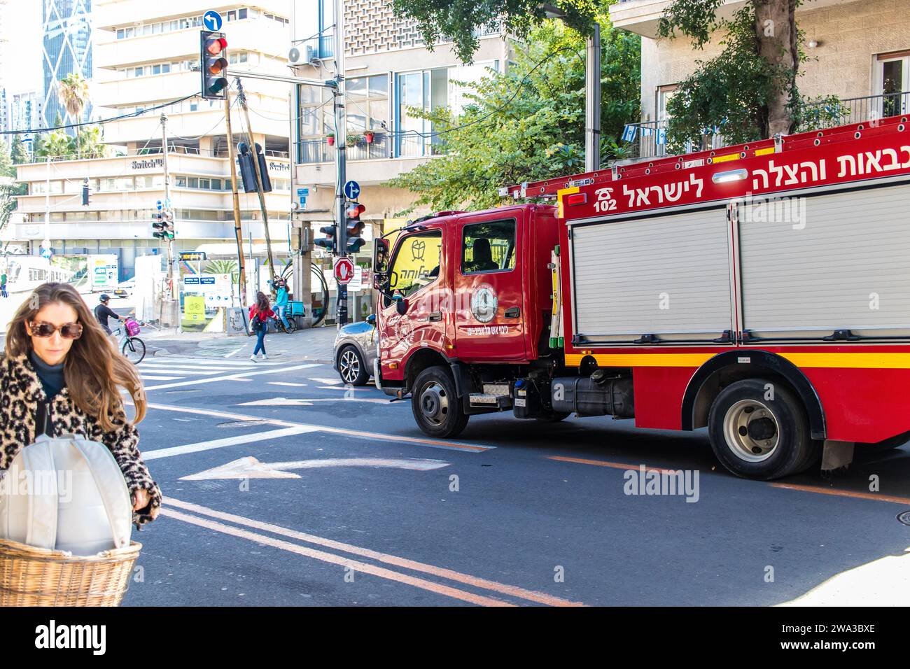 Tel Aviv, Israel – January 01, 2024 Israeli fire engine rolling in the ...