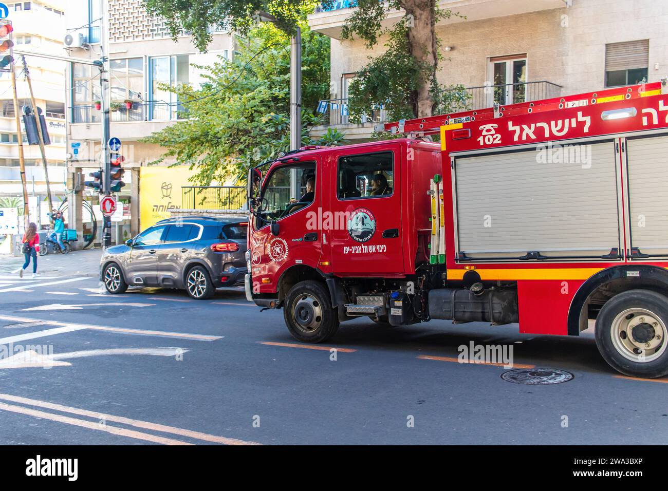 Tel Aviv, Israel – January 01, 2024 Israeli fire engine rolling in the ...