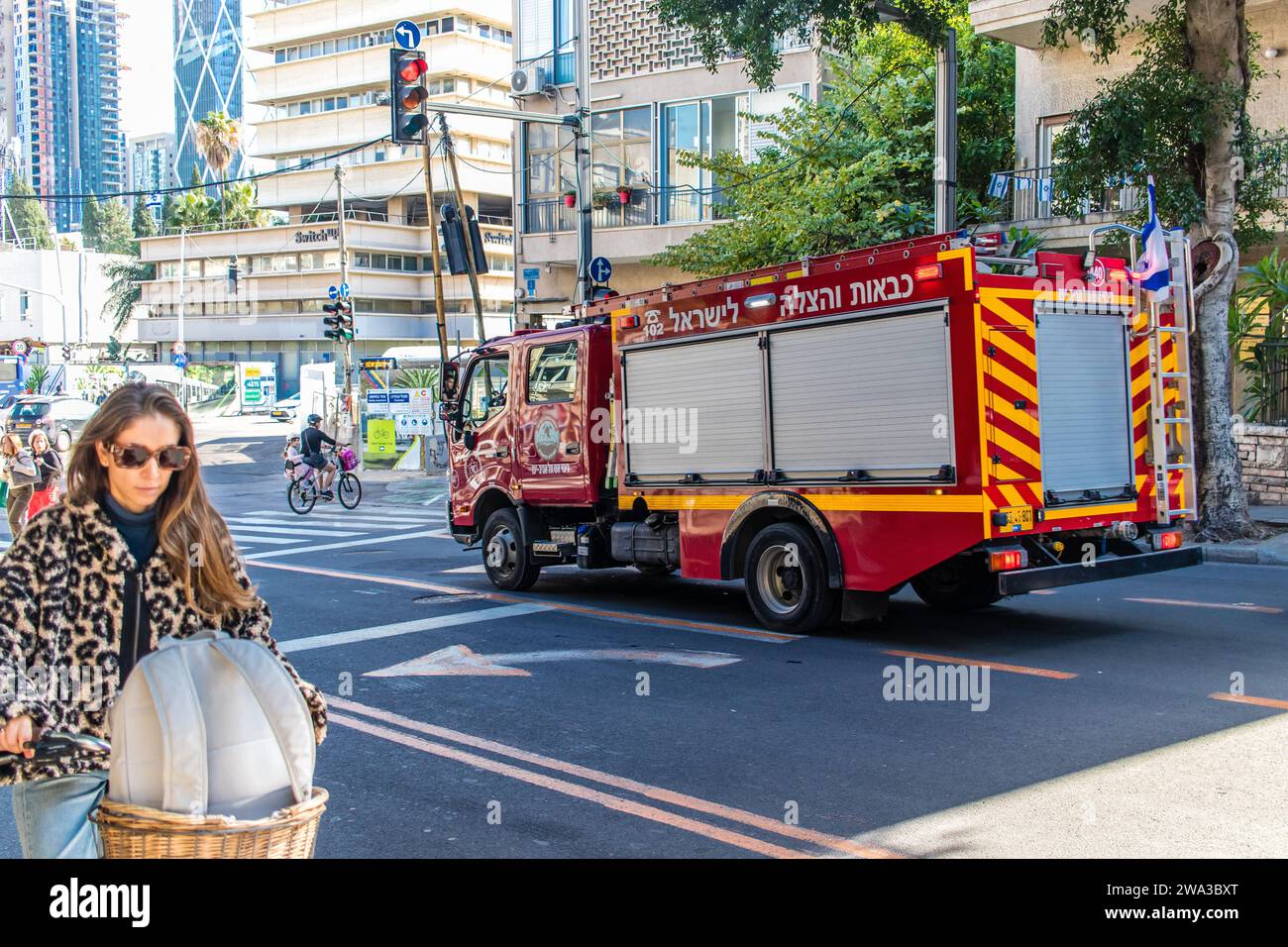 Tel Aviv, Israel – January 01, 2024 Israeli fire engine rolling in the ...