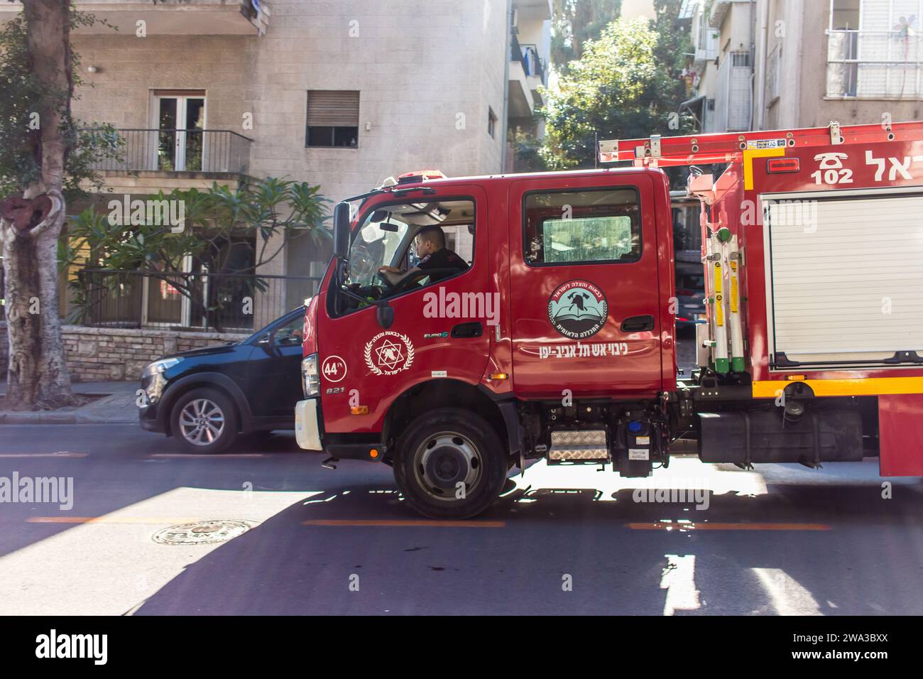 Tel Aviv, Israel – January 01, 2024 Israeli fire engine rolling in the ...