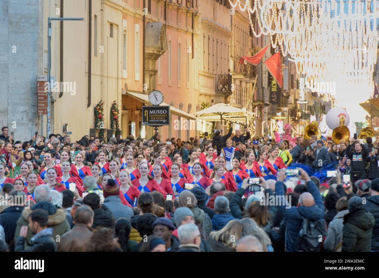 Rome, Italy. 1st Jan, 2024. A group of majorettes surrounded by ...