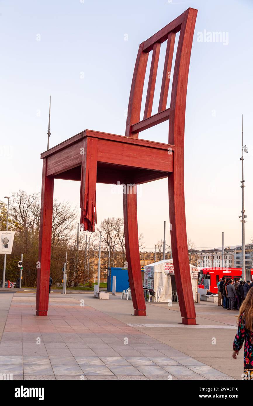 Geneva, Switzerland - 25 March 2022: Broken Chair is a monumental sculpture in wood designed by ...