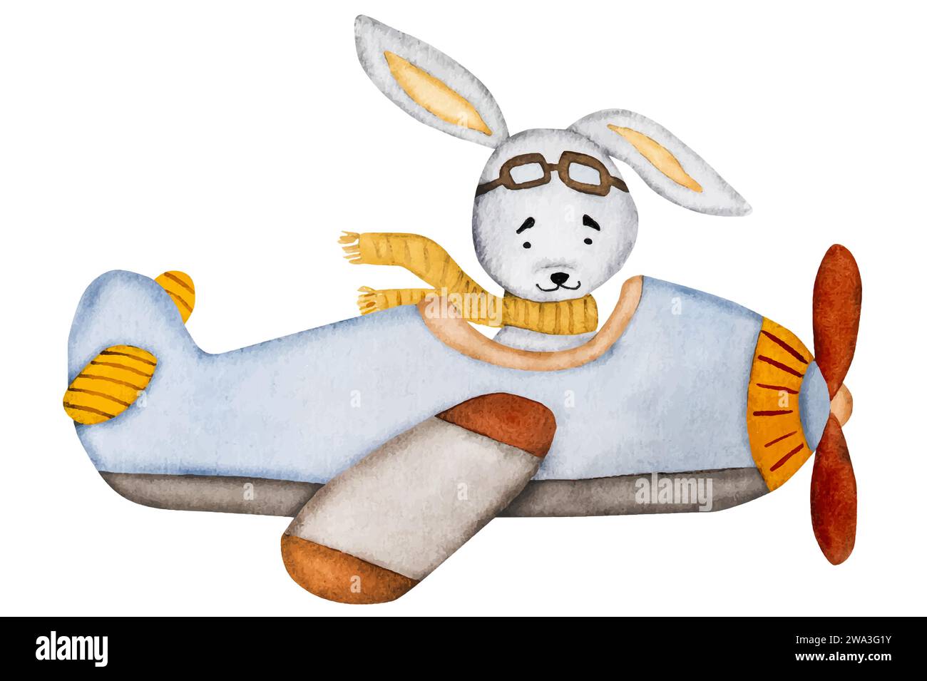 Cute bunny pilot flying in plane watercolor painting for postcard ...