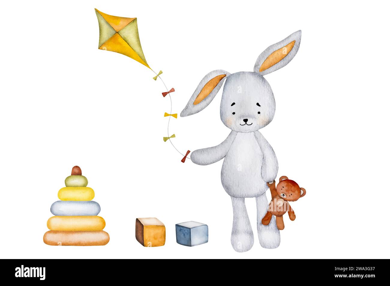 Cute bunny with kite and toys watercolor painting for baby child ...