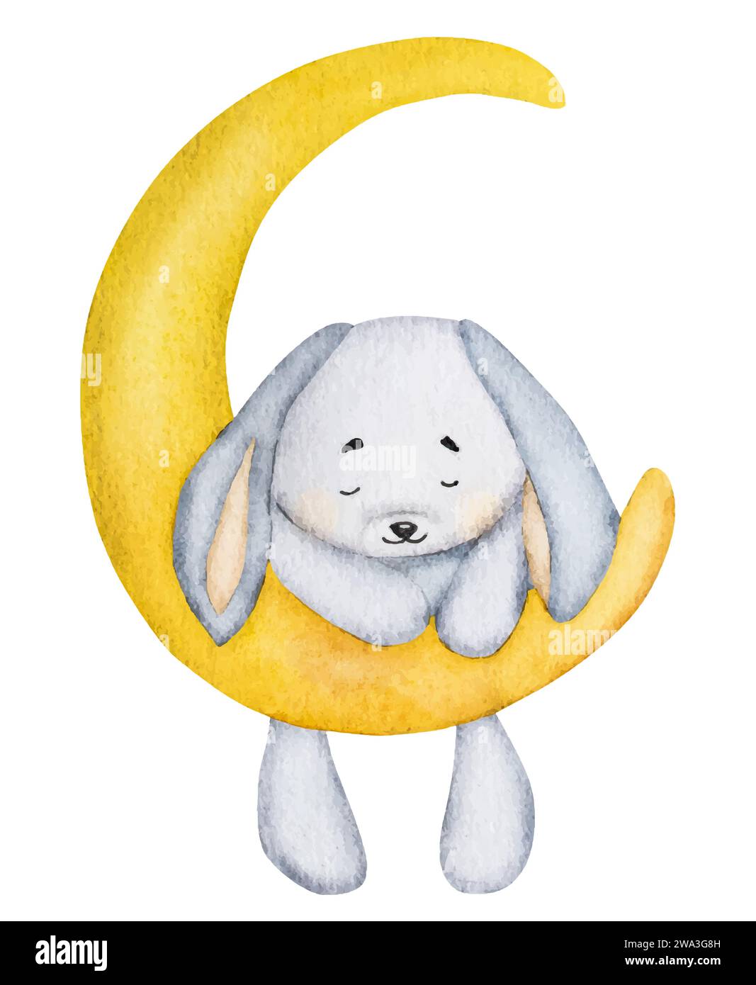 Cute bunny sleeping on moon watercolor painting for baby child postcard ...