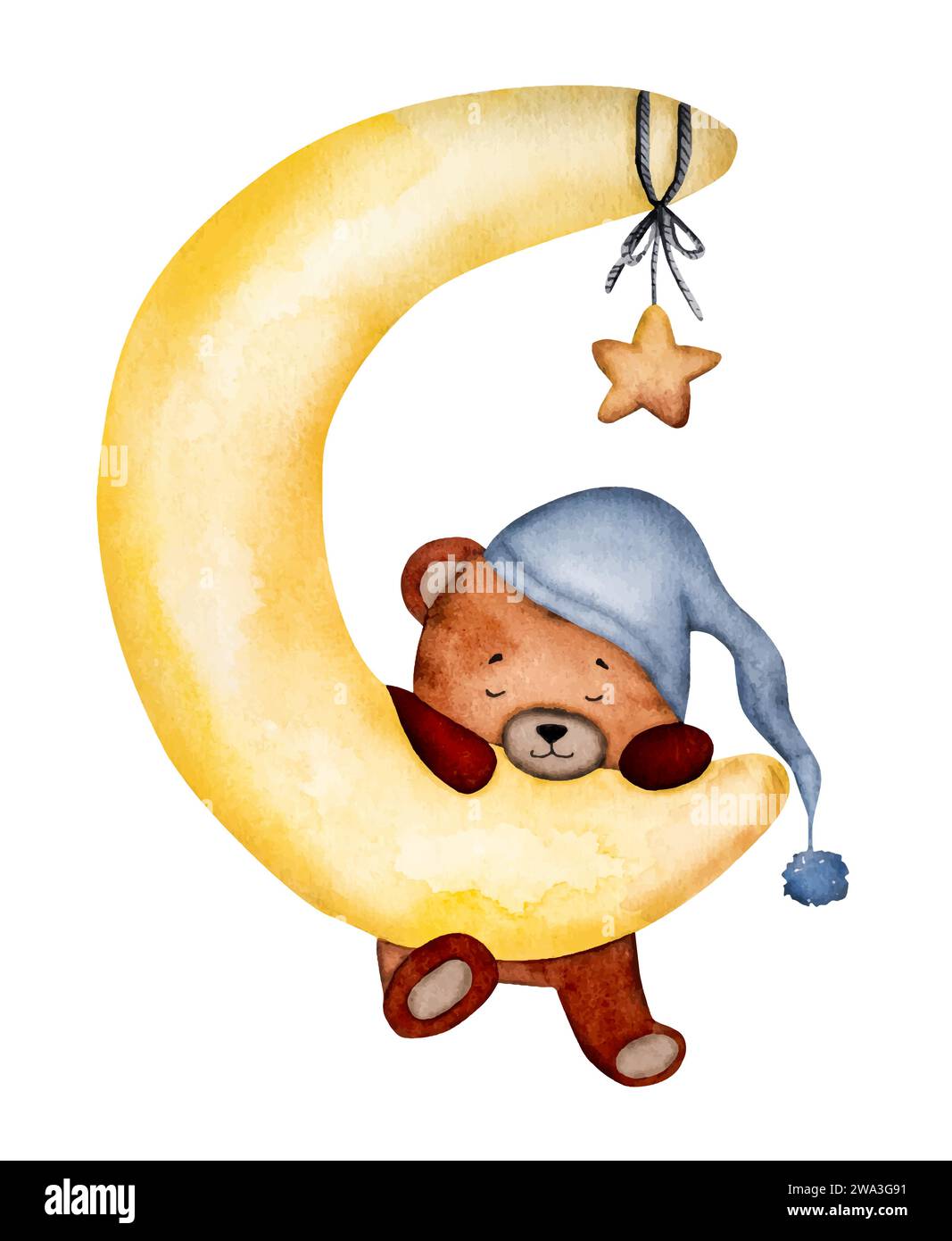 Cute teddy bear sleeping on moon watercolor painting for baby child ...