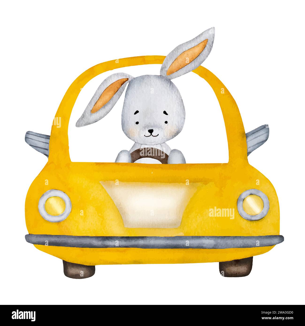 Cute bunny driver in orange car watercolor painting for postcard ...