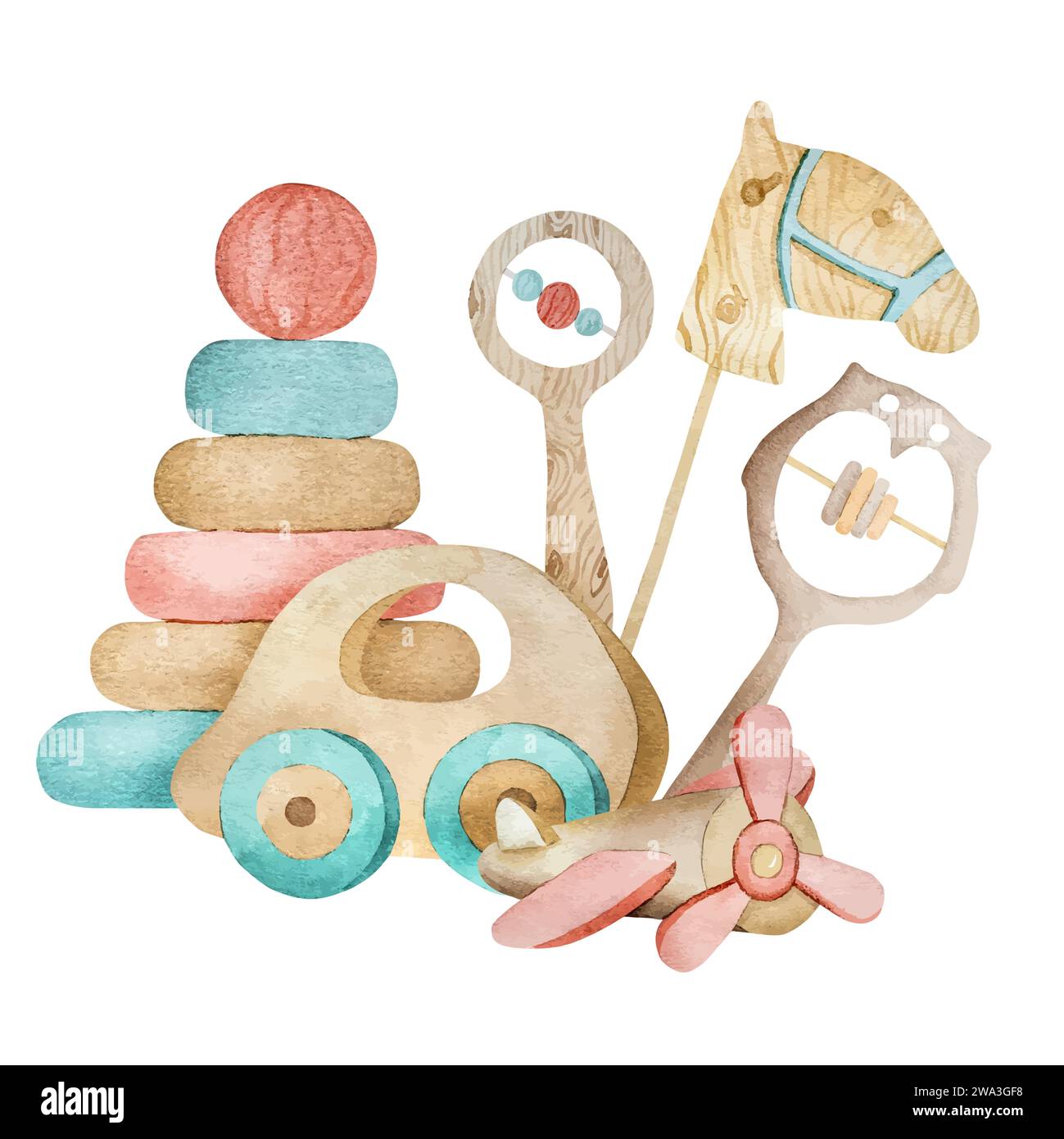 Watercolor wooden toys for infant baby. Rocking horse, pyramide and ...