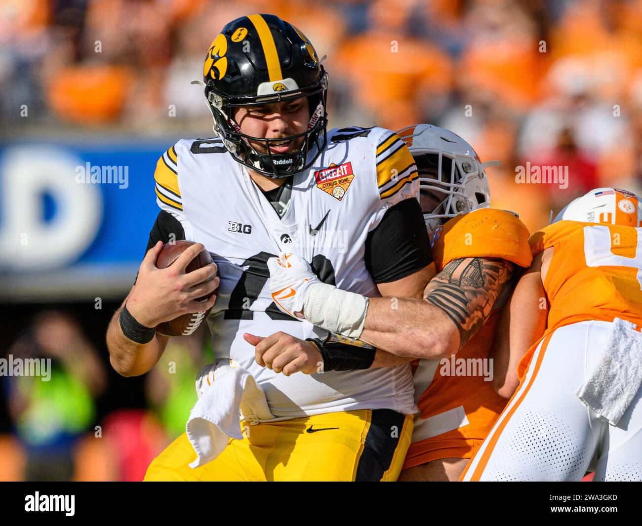 Orlando, Florida, USA. January 1, 2024: Iowa quarterback Deacon Hill ...