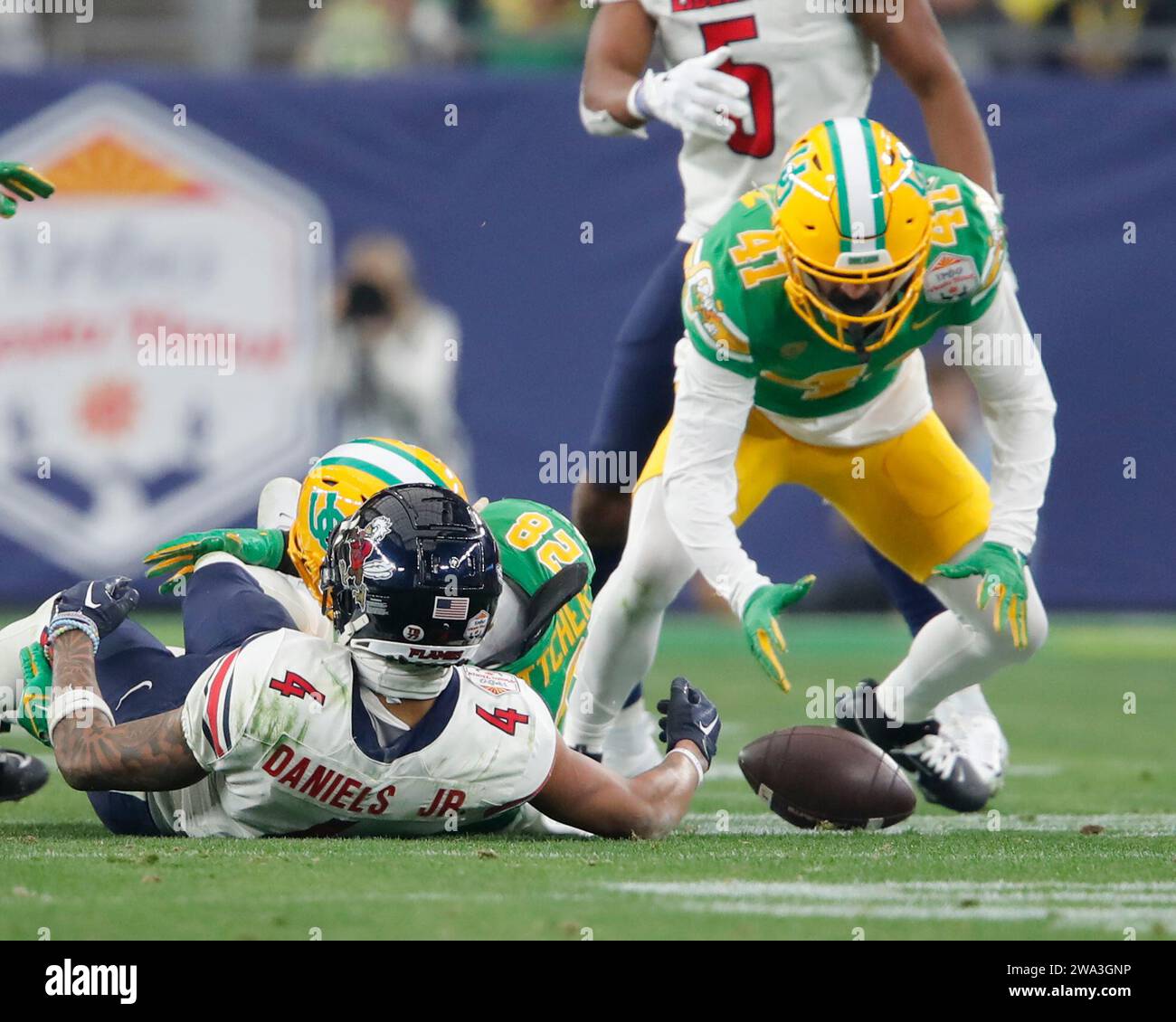 Glendale, Arizona, USA. 1st Jan, 2024. Zach Grisham (41) of the Oregon Ducks recovers a fumble ...