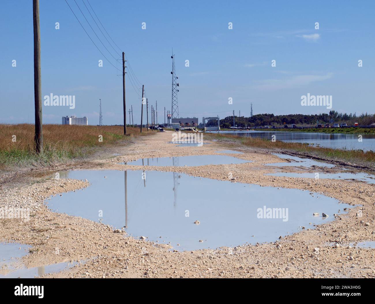 Everglades, Florida, United States - January 1, 2024: Flooded dirt road ...