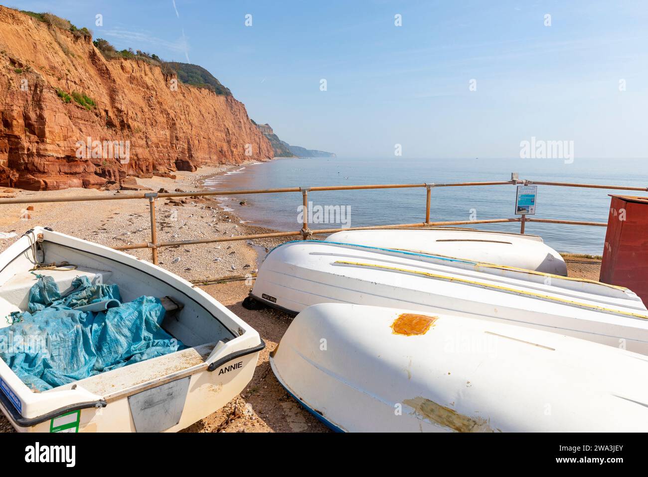Red sandstone cliffs Jurassic coastline at Sidmouth on the Devon coast ...