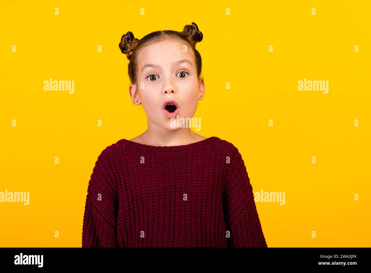 Portrait of impressed speechless person open mouth stare empty space isolated on yellow color ...