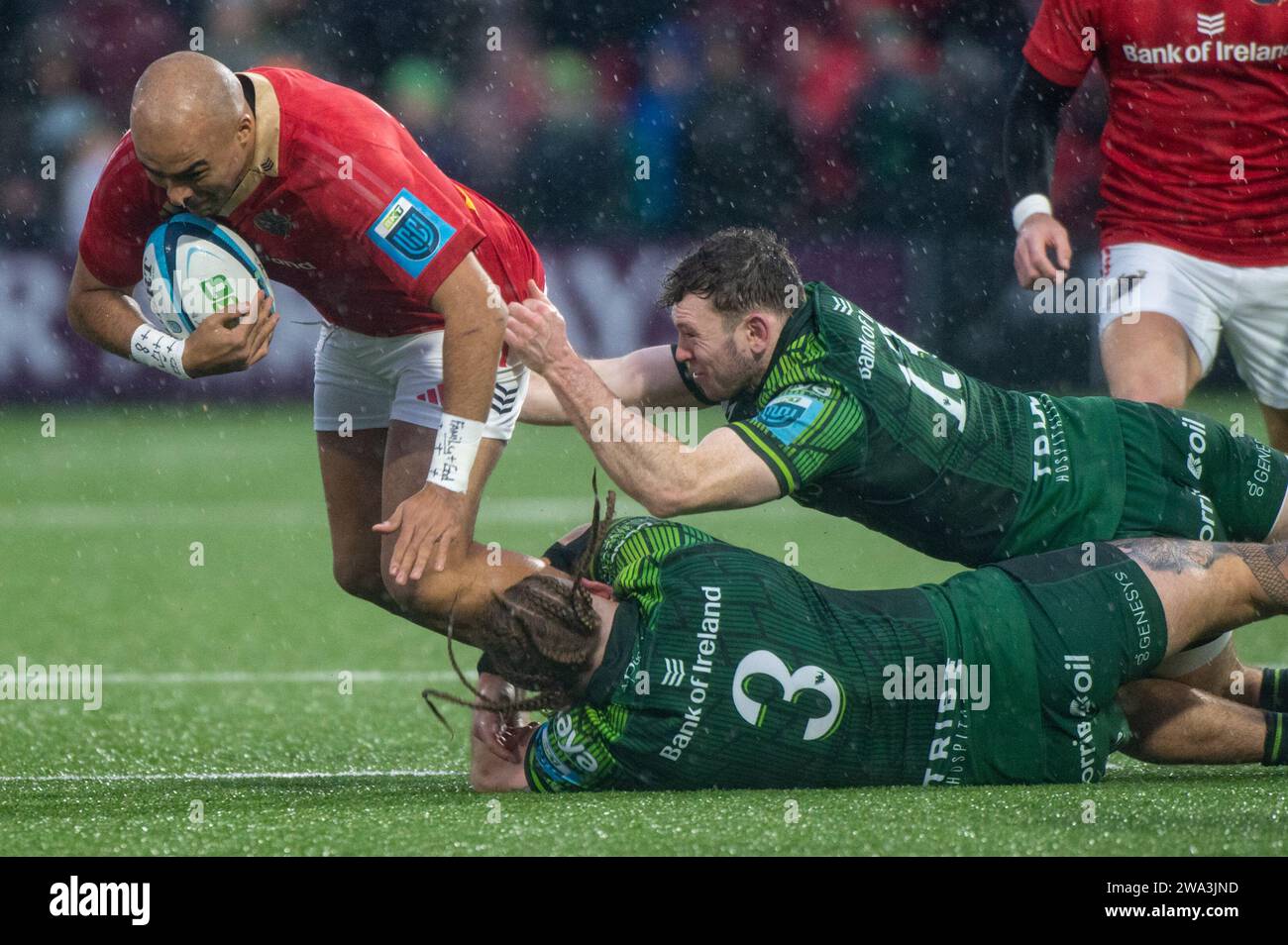 Galway, Ireland. 01st Jan, 2024. Simon Zebo of Munster tackled by ...
