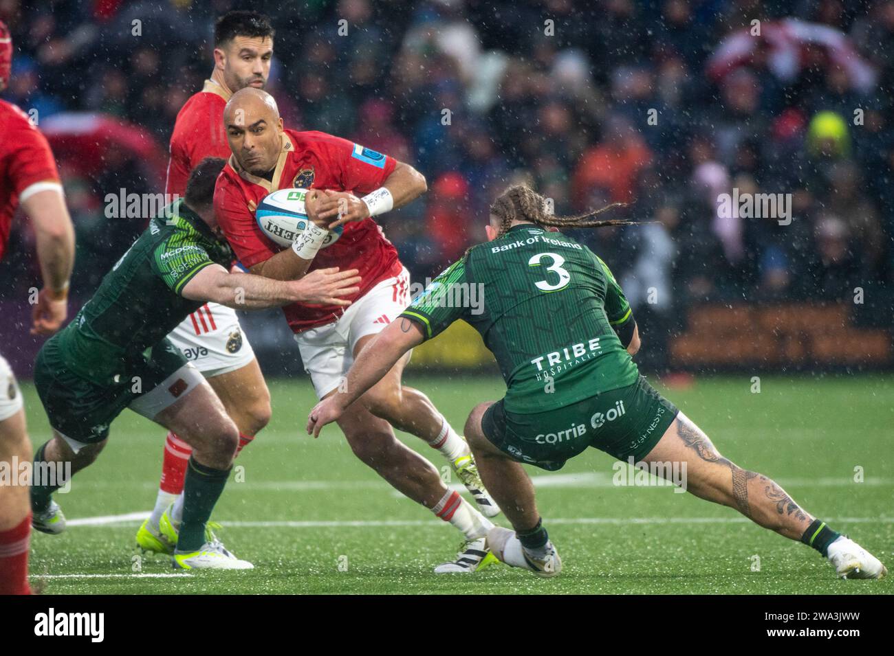 Galway, Ireland. 01st Jan, 2024. Simon Zebo of Munster tackled by ...