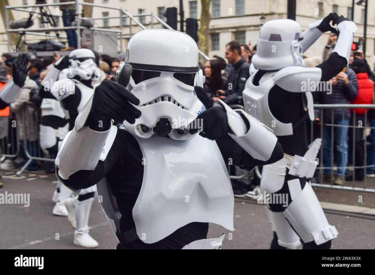 London, UK. 1st January 2024. Star Wars Stormtroopers pass through ...