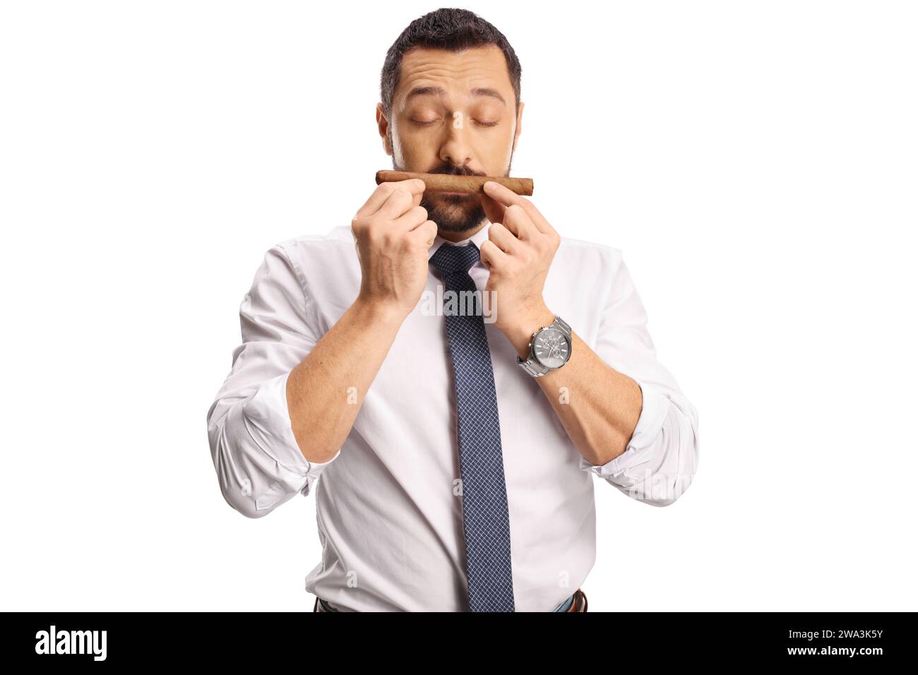 Young man smelling a cigar isolated on white background Stock Photo - Alamy
