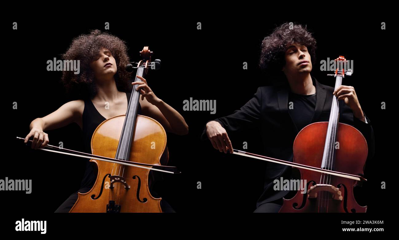 Young artists playing cellos isolated on black background Stock Photo ...