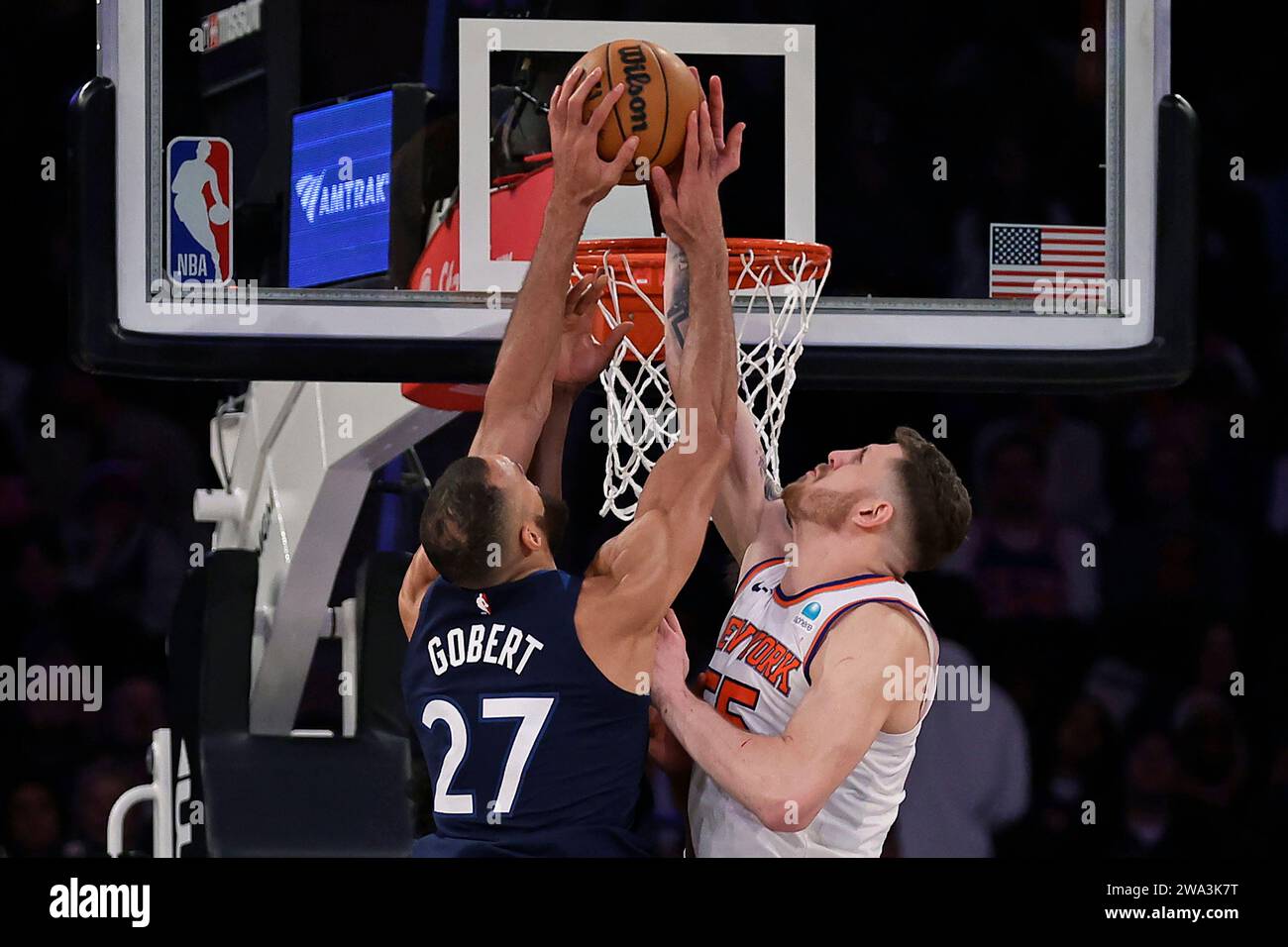 New York Knicks center Isaiah Hartenstein blocks a shot by Minnesota ...