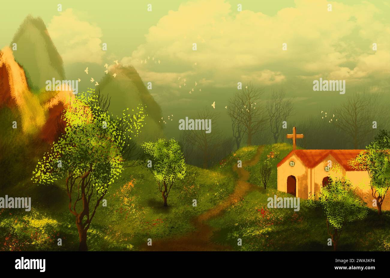 countryside landscape with church digital painting Stock Photo - Alamy