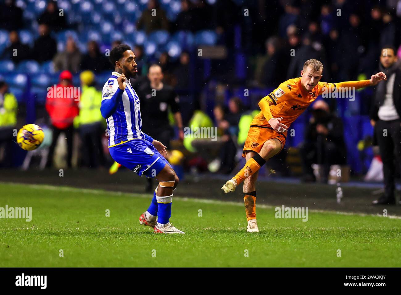Sheffield, UK. 01st Jan, 2024. Matty Jacob 29 of Hull City puts in a ...