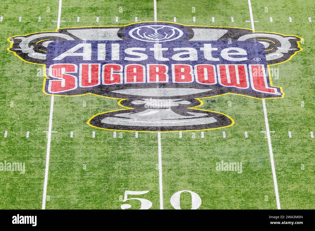 January 01, 2024: A general view of the Allstate Sugar Bowl logo at ...