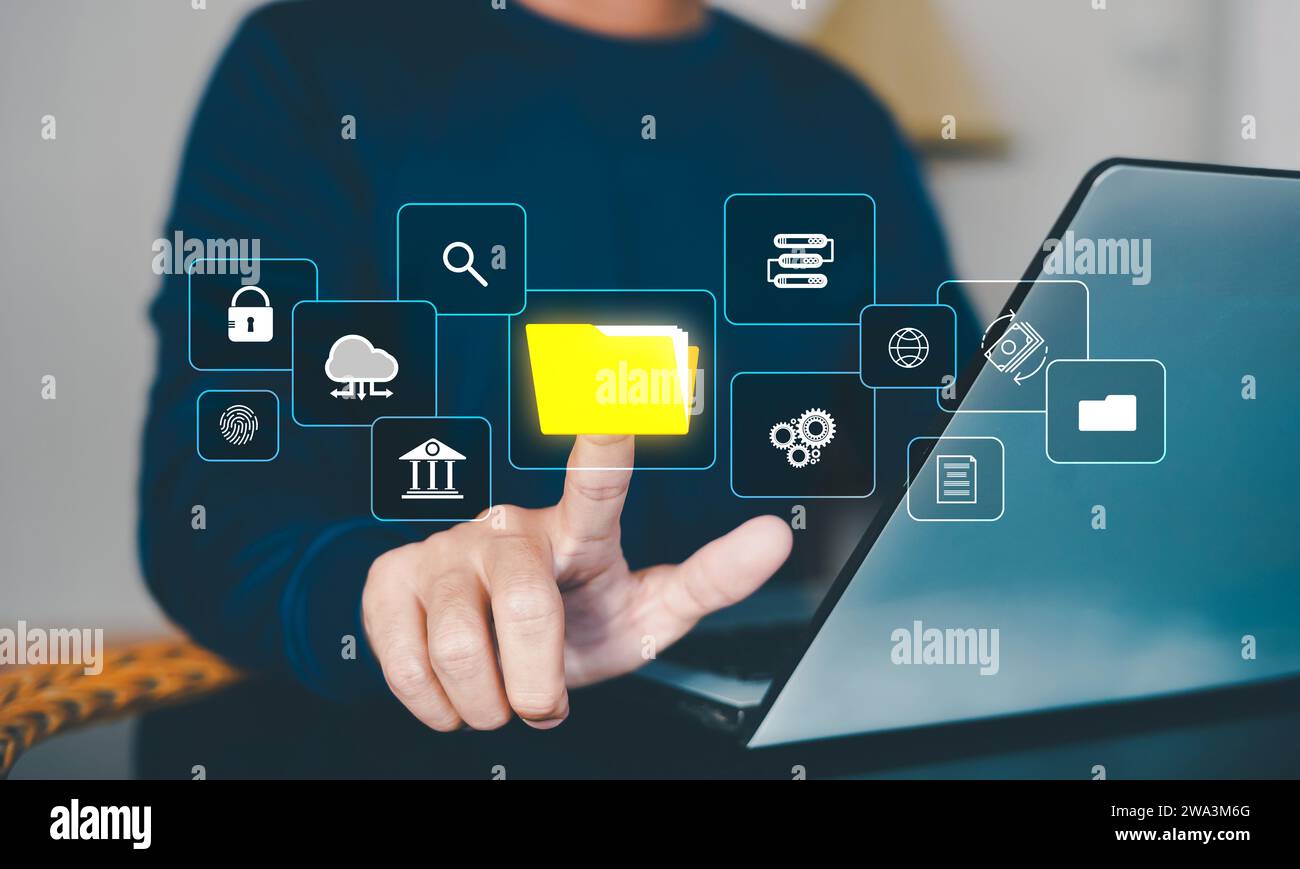 Document Management System Dms Businessman Pointing Folder Icon To Use Technology Software For