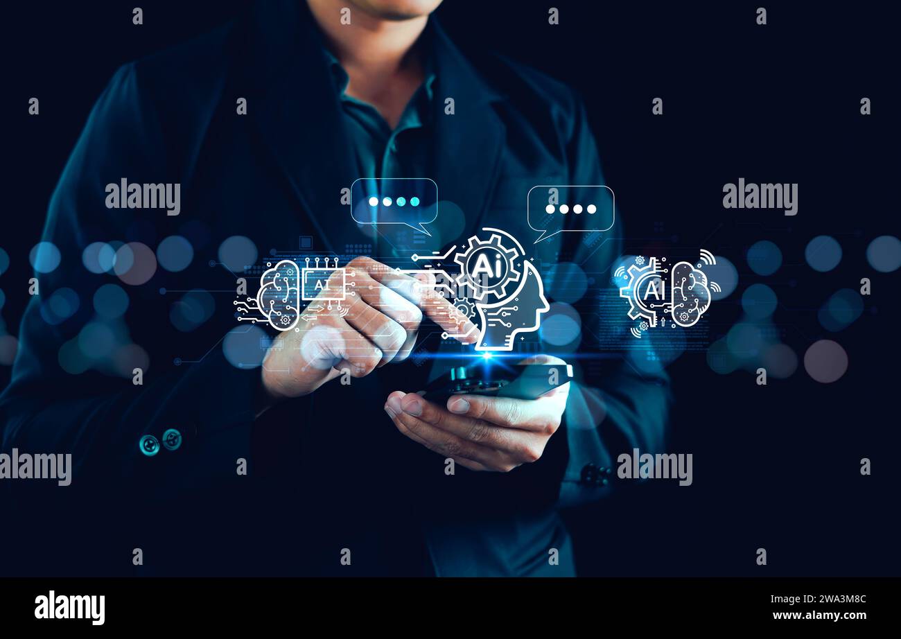 AI tech. Artificial intelligence. Businessman us technology smart robot ...