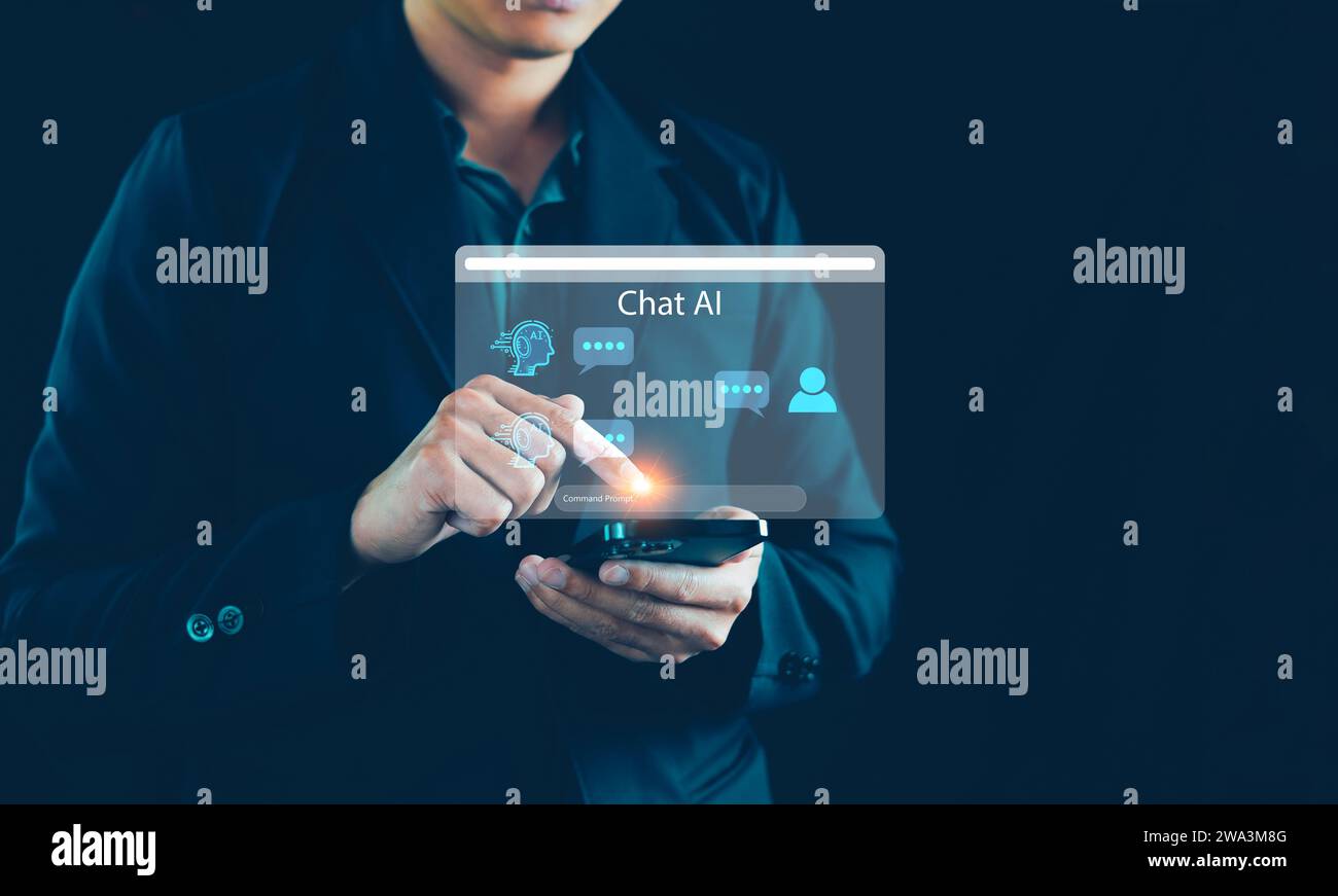 Chatbot Chat with AI concept, Artificial Intelligence. Businessman us ...
