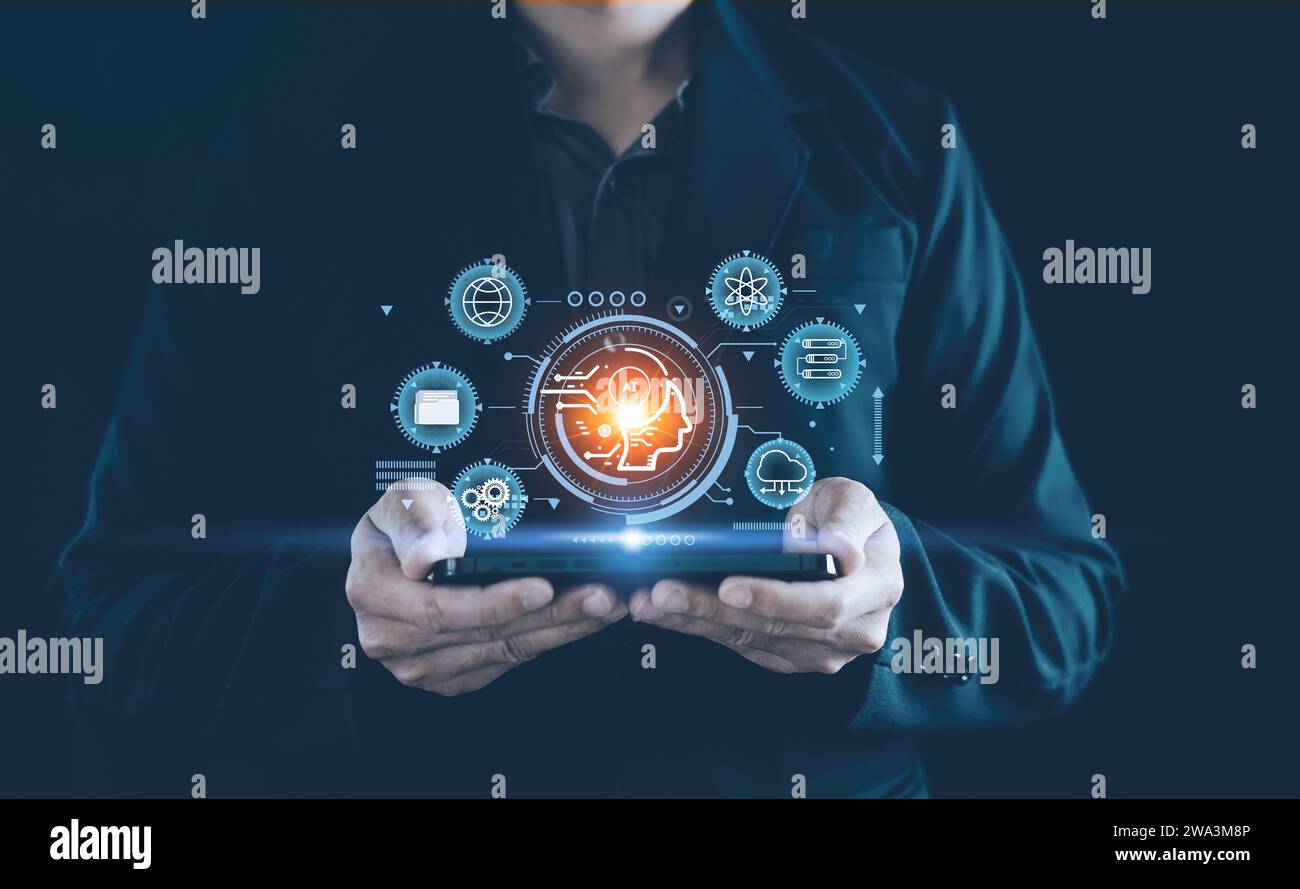 AI tech. Artificial intelligence. Businessman us technology smart robot ...