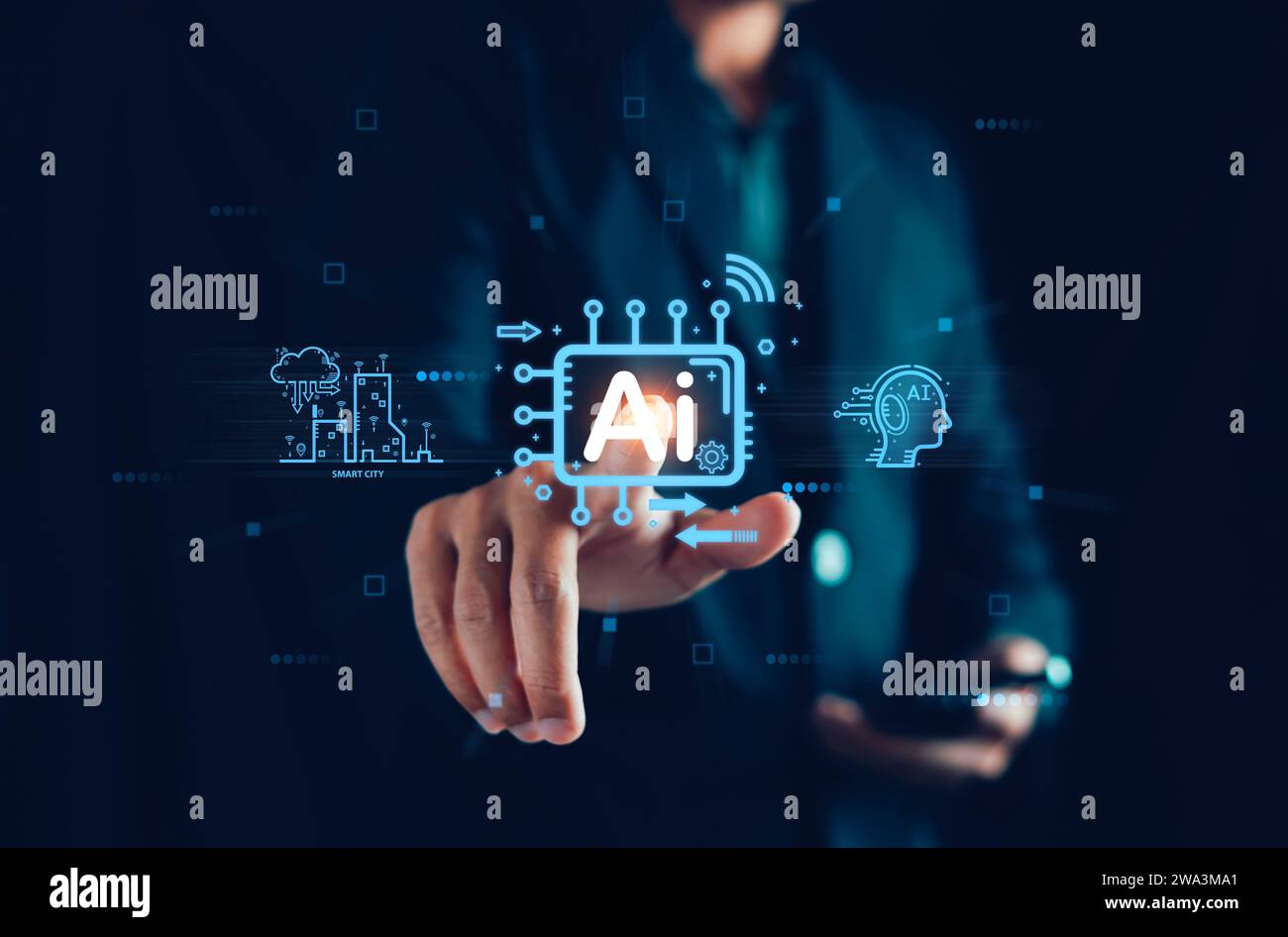 AI tech. Artificial intelligence. Businessman us technology smart robot ...