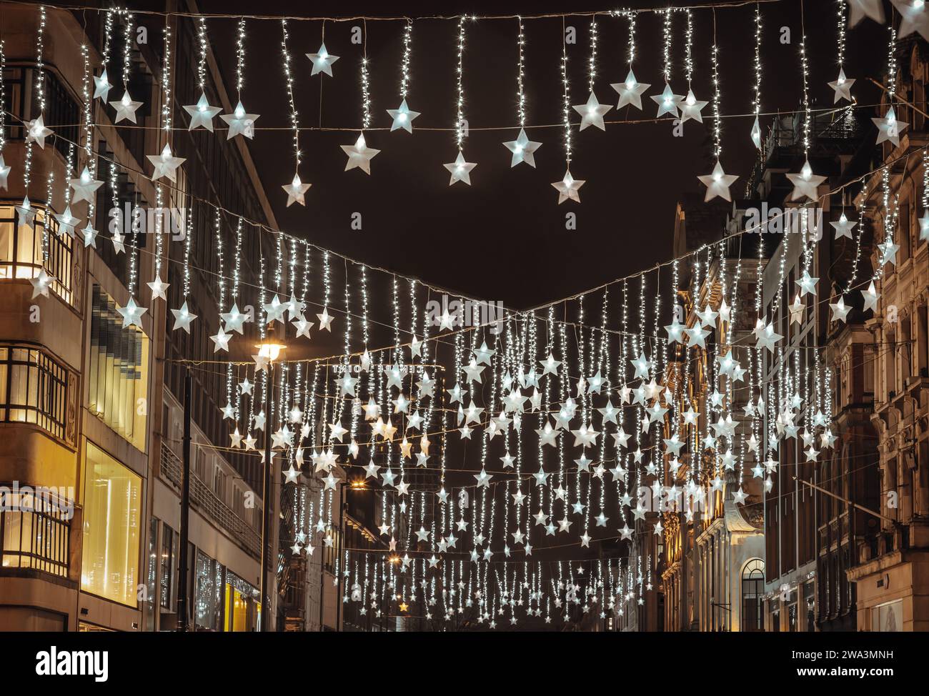 London, UK - Dec 25, 2023 - Christmas stars decoration led lights ...