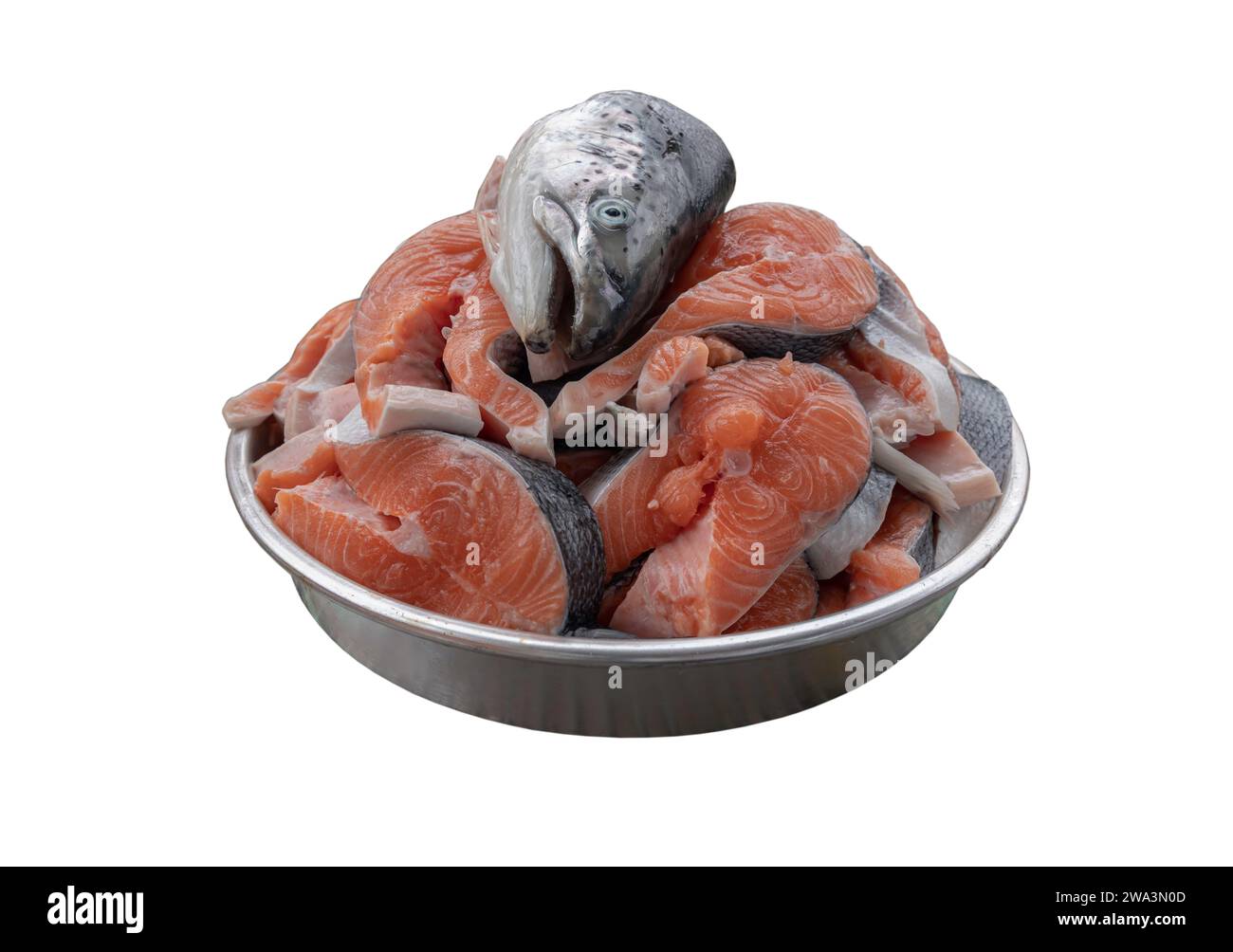 Metal baking tray filled with Large pieces of fresh raw atlantic salmon ...