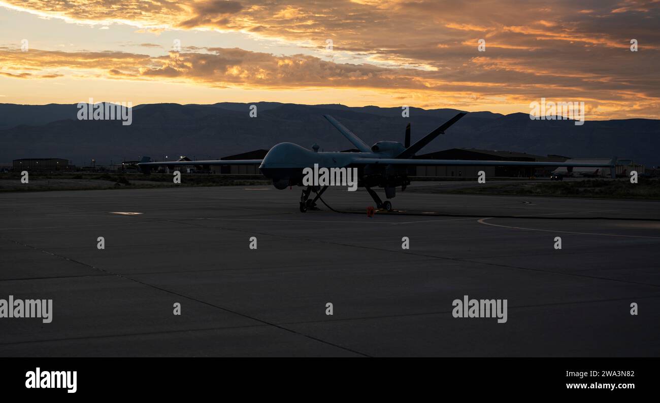 An MQ-9 Reaper sits on the runway before an exercise at Holloman Air ...