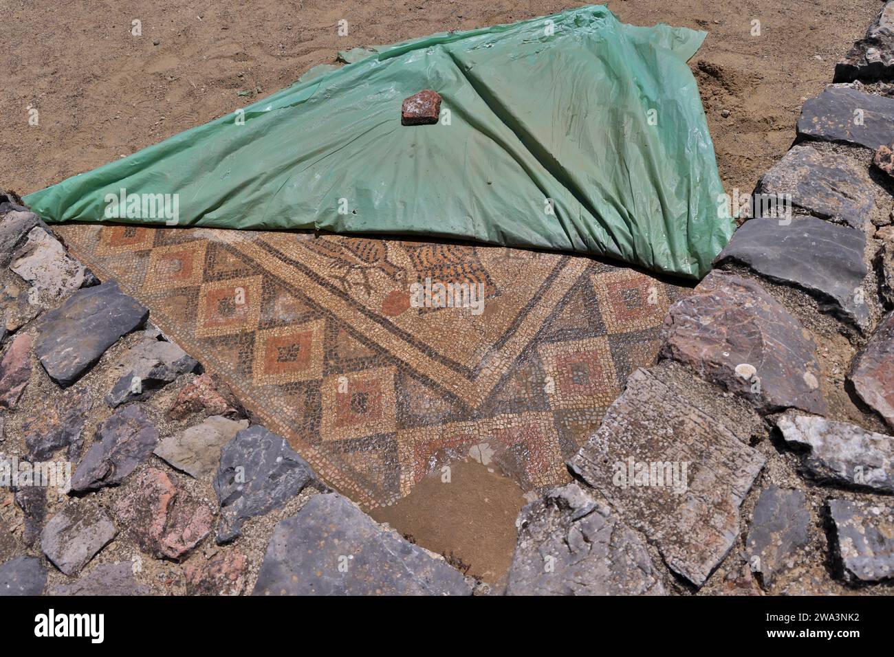 Covered floor mosaic and foundation walls, excavation of an early ...
