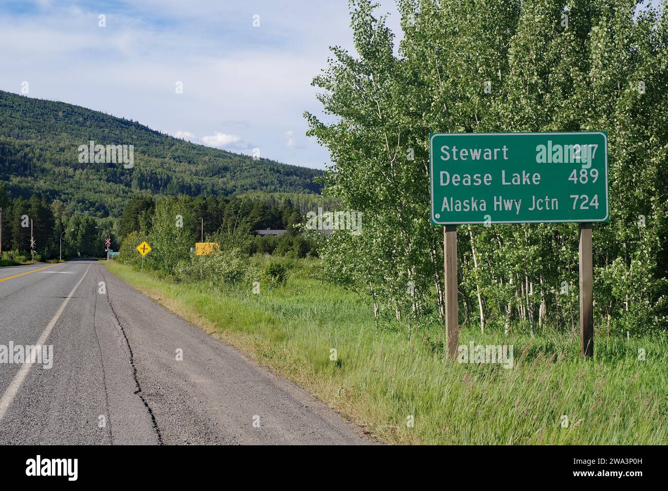 Narrow, traffic-free road leads through forest landscape, sign with ...