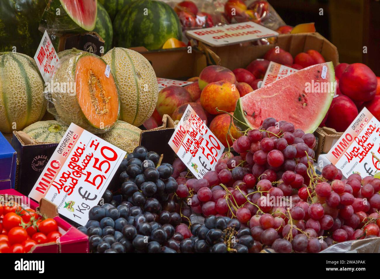 Range of different types of fruit, stand, Limone sul Garda, Lake Garda ...