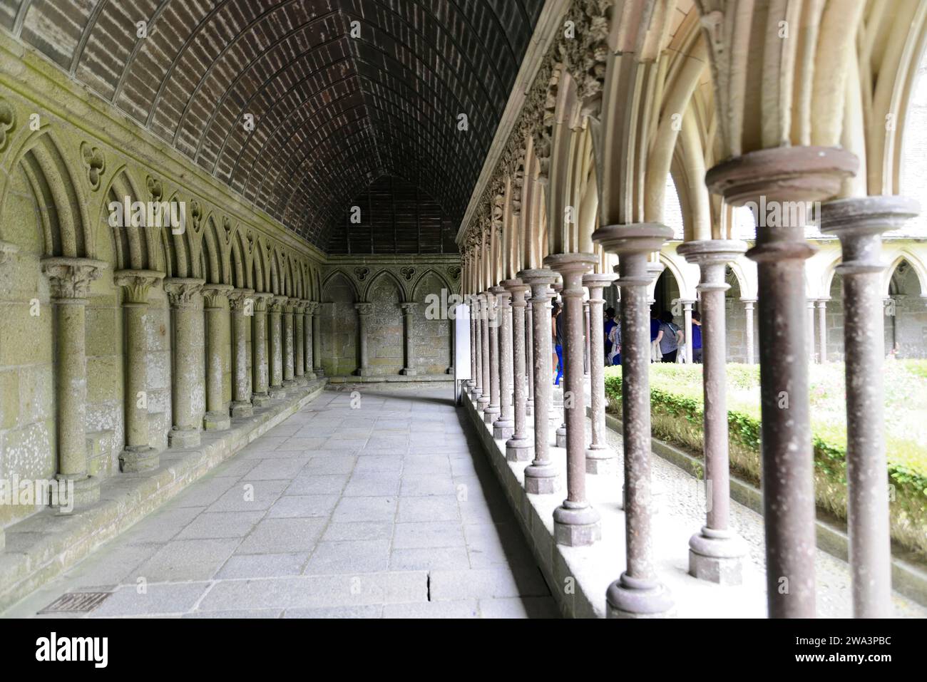 Mont Saint-Michel monastery hill, cloister of the monastery church ...