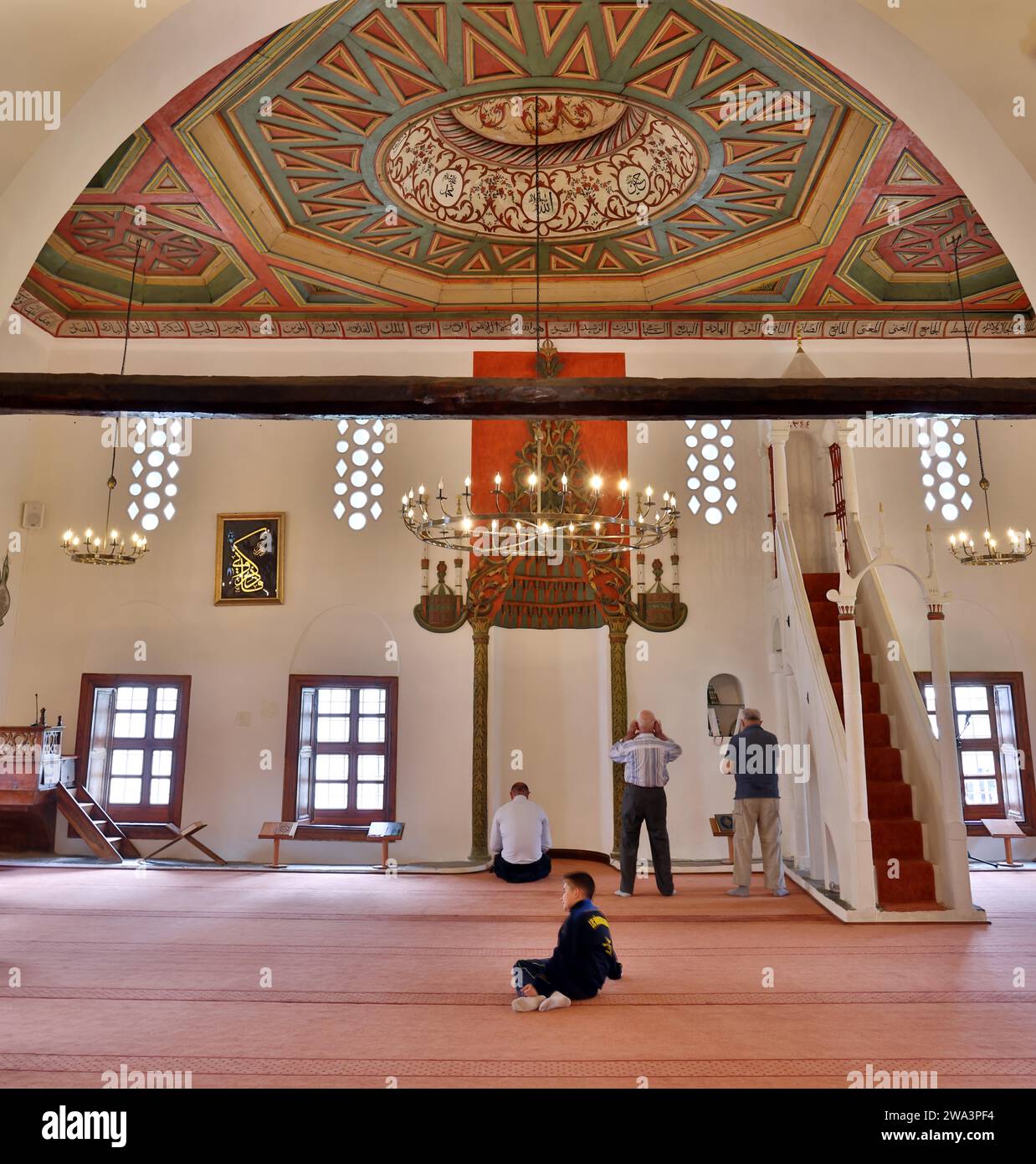 Worshippers pray in the royal mosque in Berat, Albania, Europe Stock ...