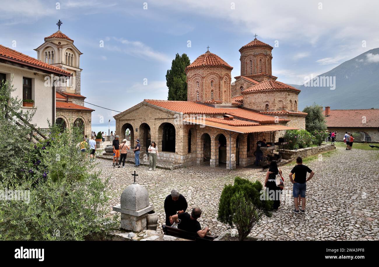 Visitors in front of the monastery church at Sveti Naum Monastery ...