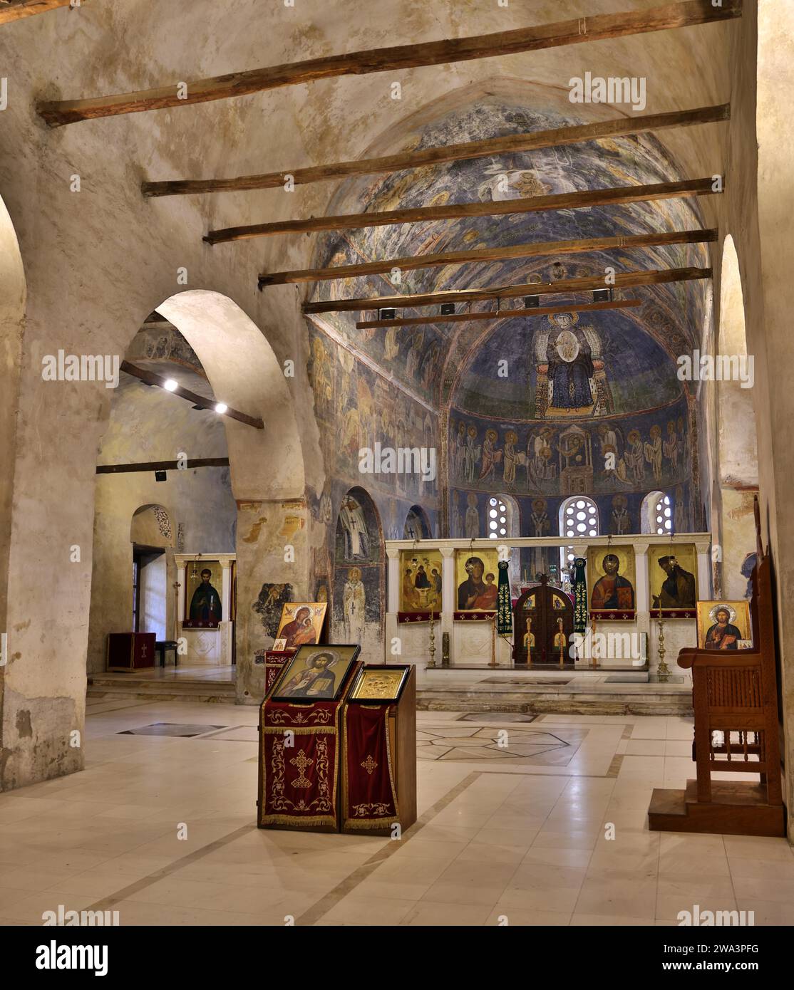 Interior view of the Orthodox Church of St Sophia in Ohrid, iconostasis and frescoes, Ohrid ...