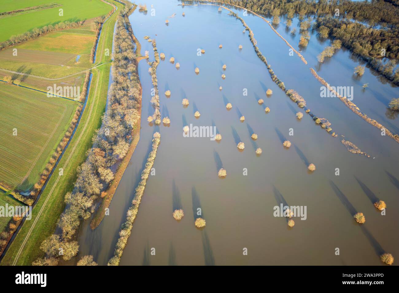 Aerial view, flood, closed roads, flood protection, flooding, dike ...